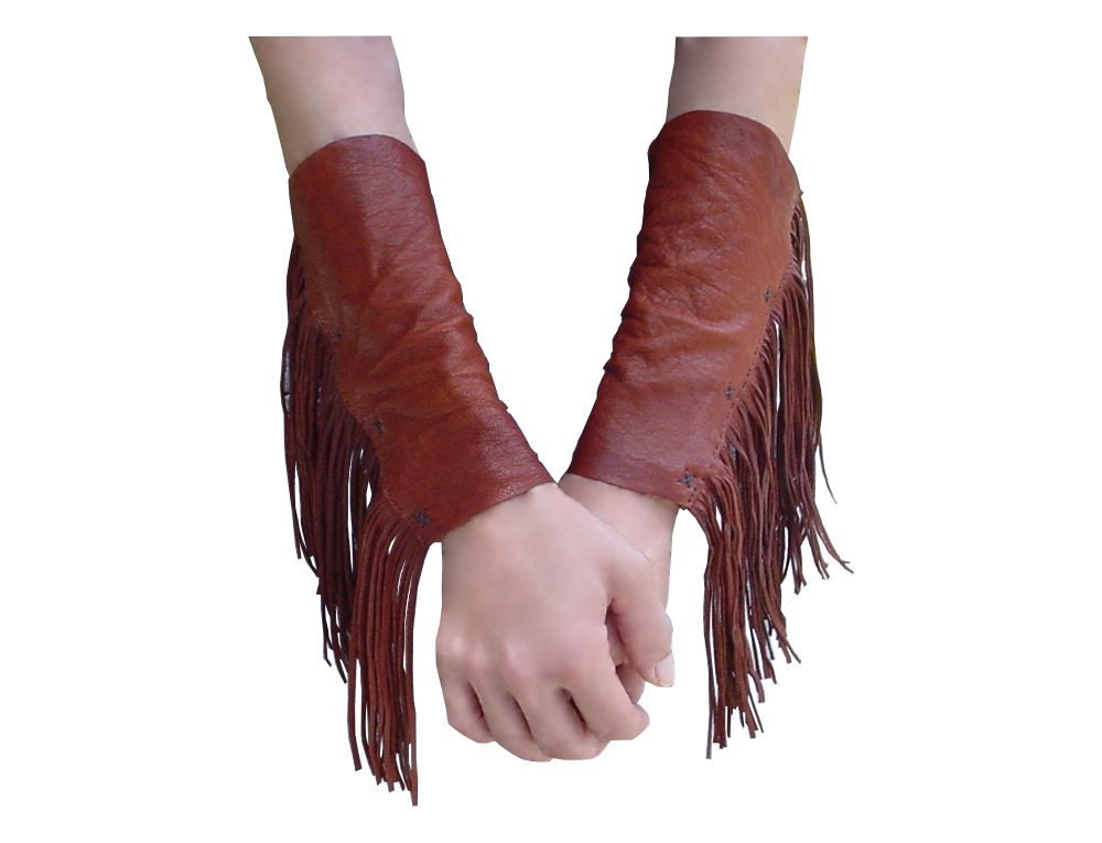 Leather Fringe Cuffs, Leather Forearm Cuffs, Stage Wear, Russet, Soft ...