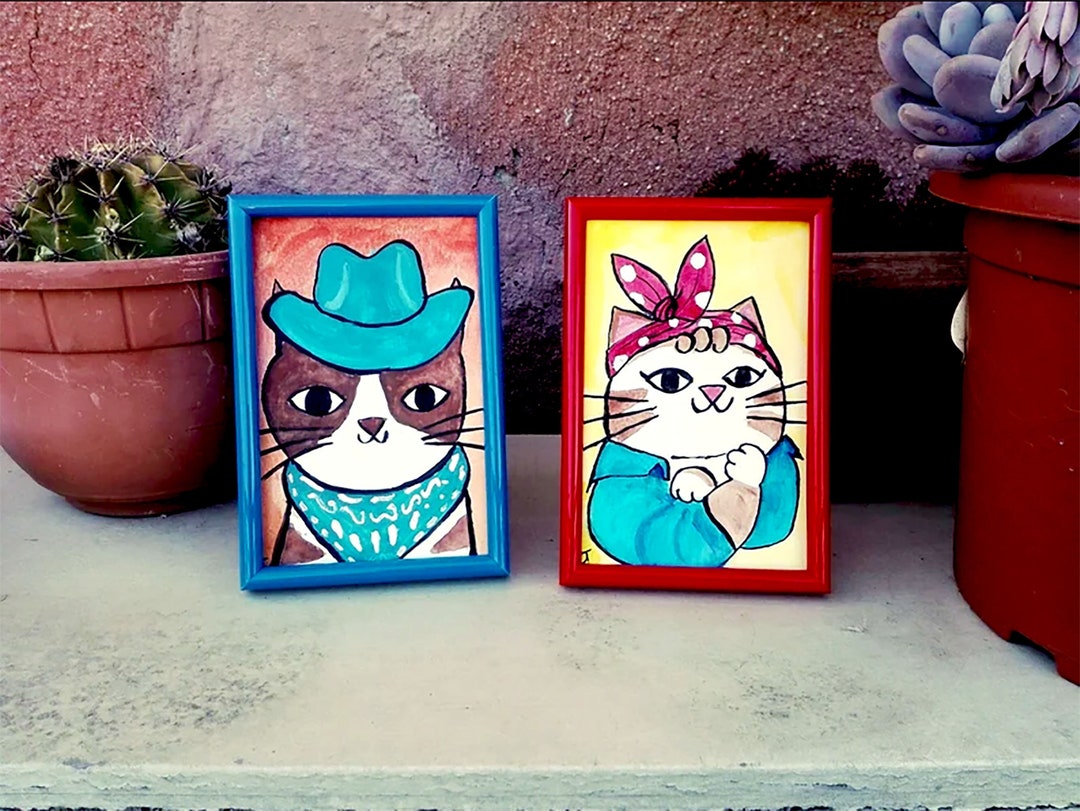 Tom the Cowboy Cat: Funny Cat Portrait Painting Watercolor - Etsy