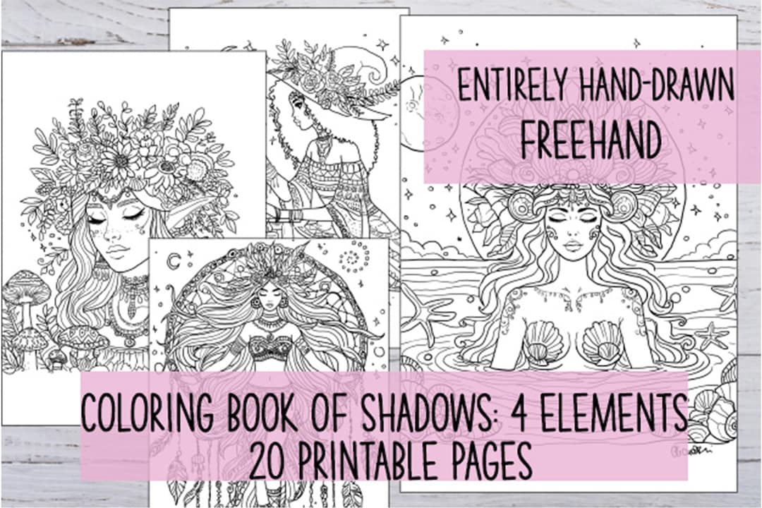 Coloring Book of Shadows: 4 Elements. 20 Printable Pages Entirely Hand ...