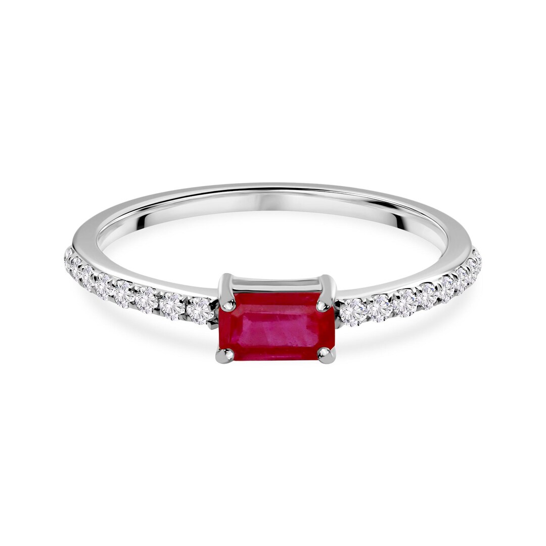 Natural Ruby Diamond Ring 0.33 Ct Emerald Cut Ruby Ring 10K White Gold ...