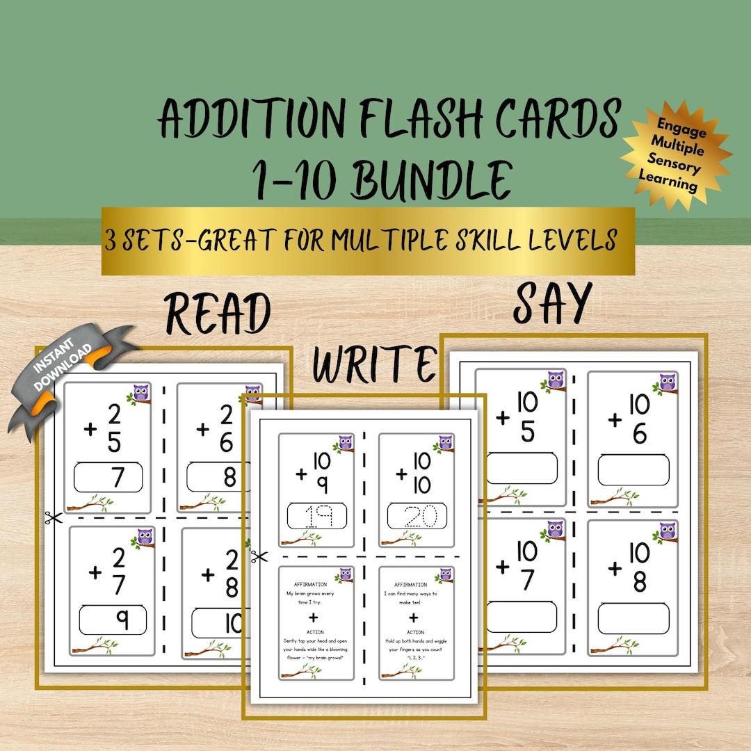 Addition Flash Cards 1-10: Read Write Say Math Set (printable) - Etsy