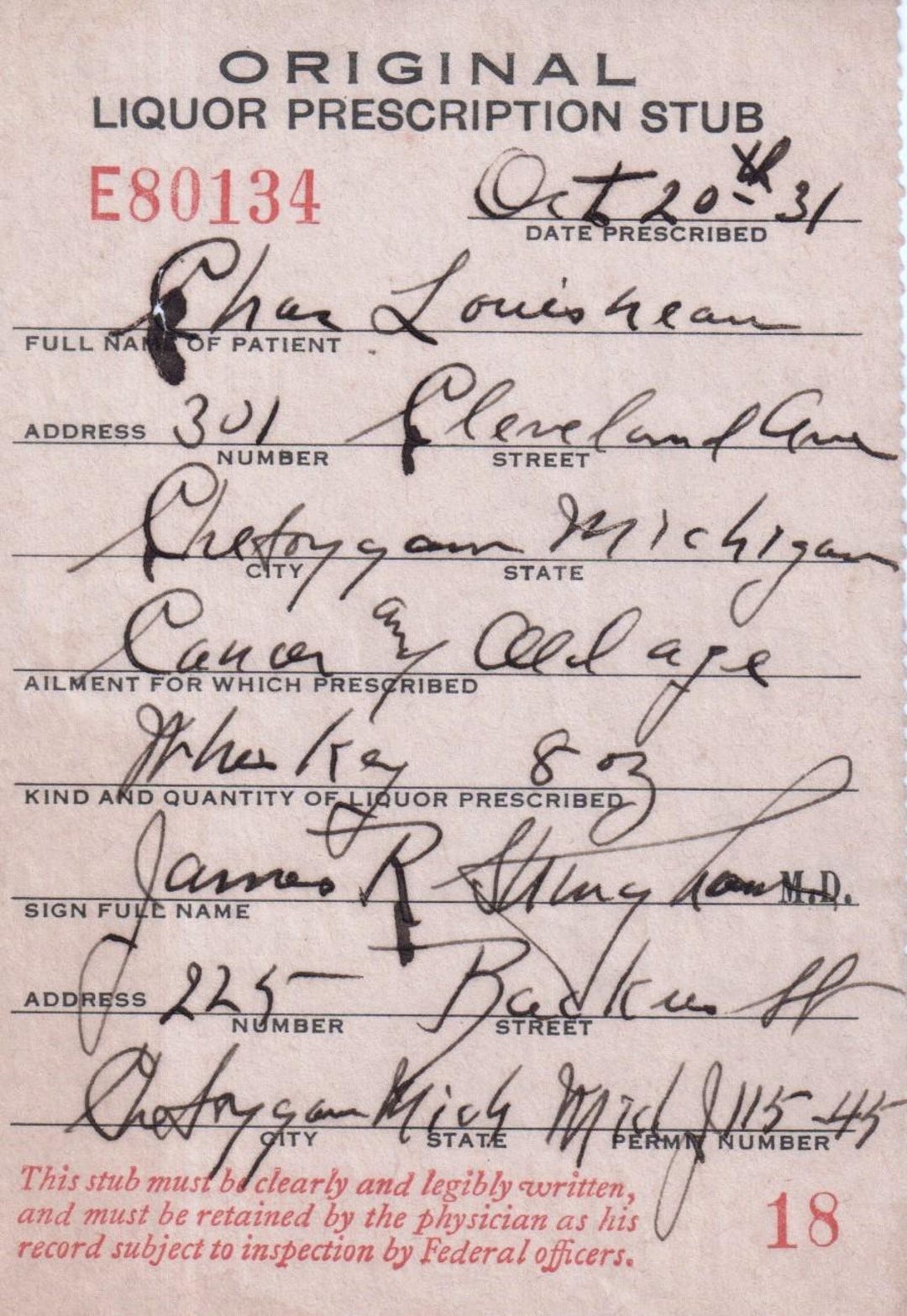 10/20 1931 Old Age & Cancer Whiskey Prescription Prohibition Stub ...