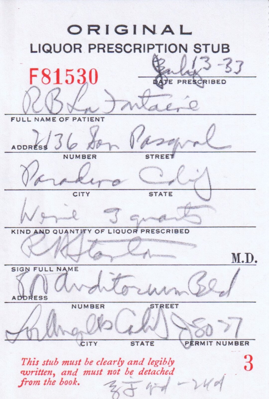 7/13 1933 La Fontaine Prohibition WINE Prescription Stub Doctor ...