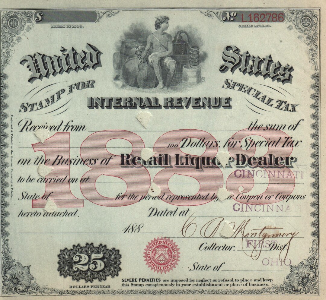Antique 1883 Liquor Dealer MOONSHINE License Bar Brewer Whiskey ...
