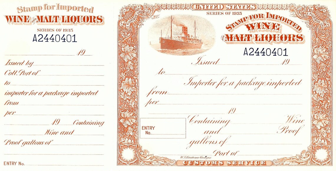 Original US Customs WINE & Malt Liquor Stamp for Import Cellar Vintage ...