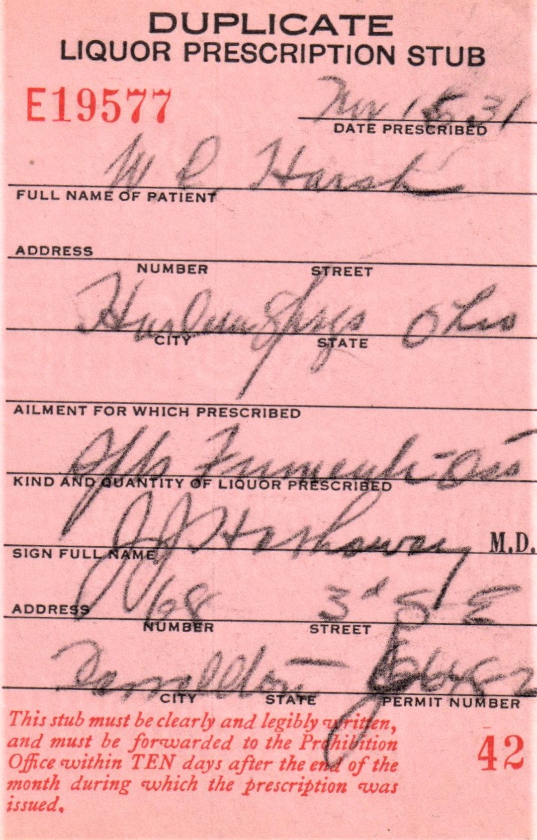 11/15 1931 Doctor's Stub Whiskey Prohibition Prescription Doctor ...