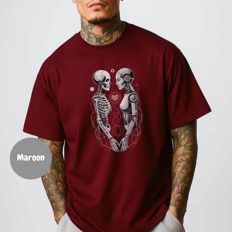 Skeleton Robot Love T-shirt, Eternal Connection Graphic Tee, Gothic Sci ...