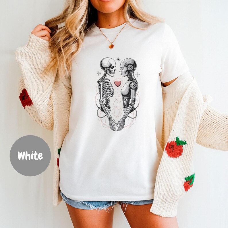 Skeleton Robot Love T-shirt, Eternal Connection Graphic Tee, Gothic Sci ...