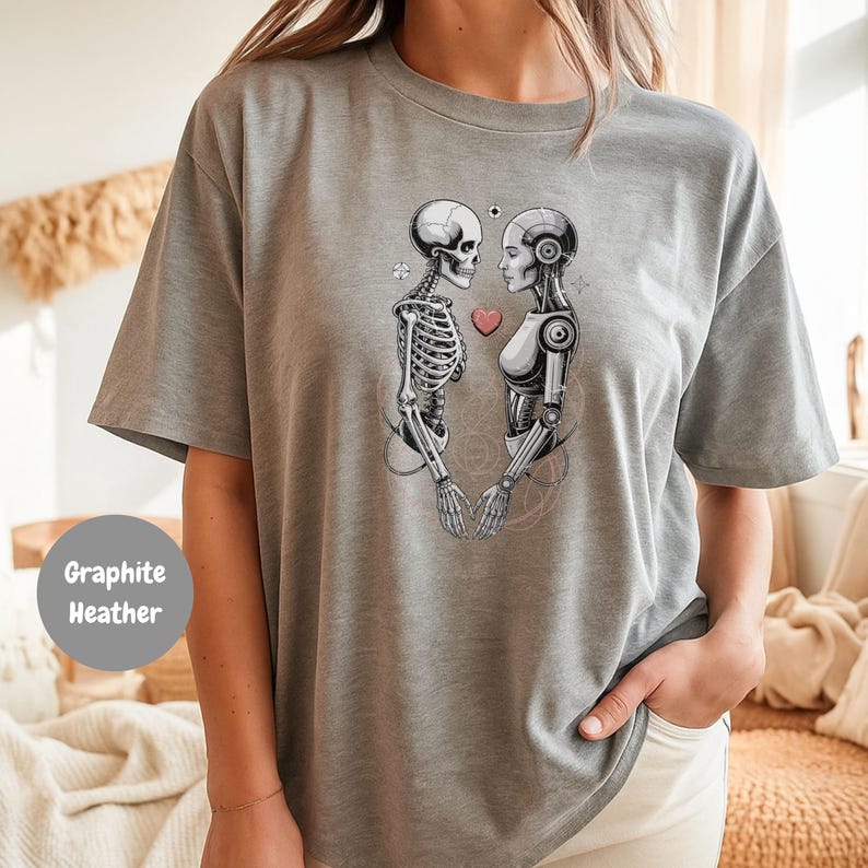 Skeleton Robot Love T-shirt, Eternal Connection Graphic Tee, Gothic Sci ...