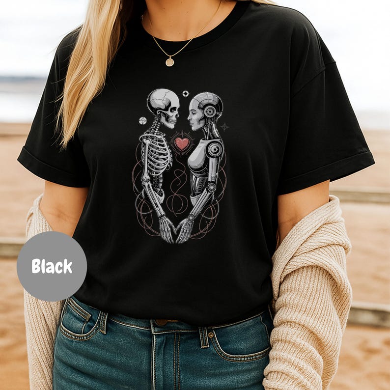 Skeleton Robot Love T-shirt, Eternal Connection Graphic Tee, Gothic Sci ...