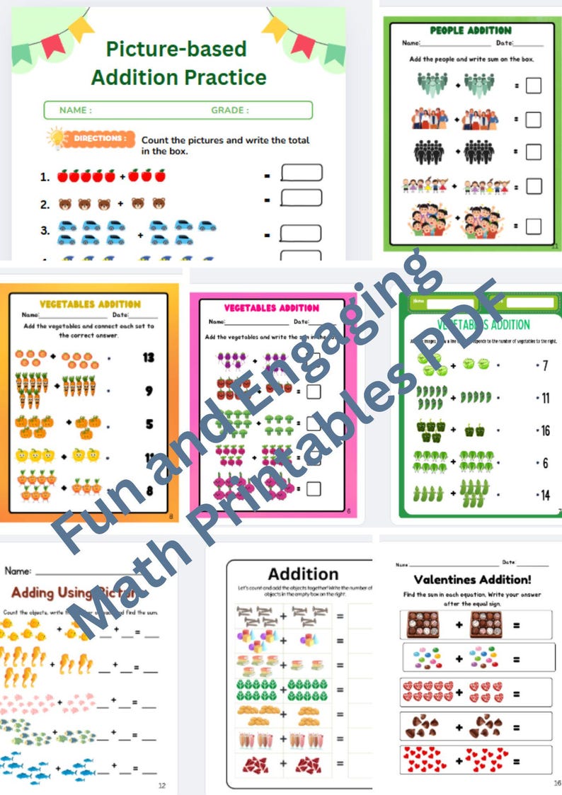 Early Learning Math Worksheets for Kids, Picture-based Addition, Cute ...