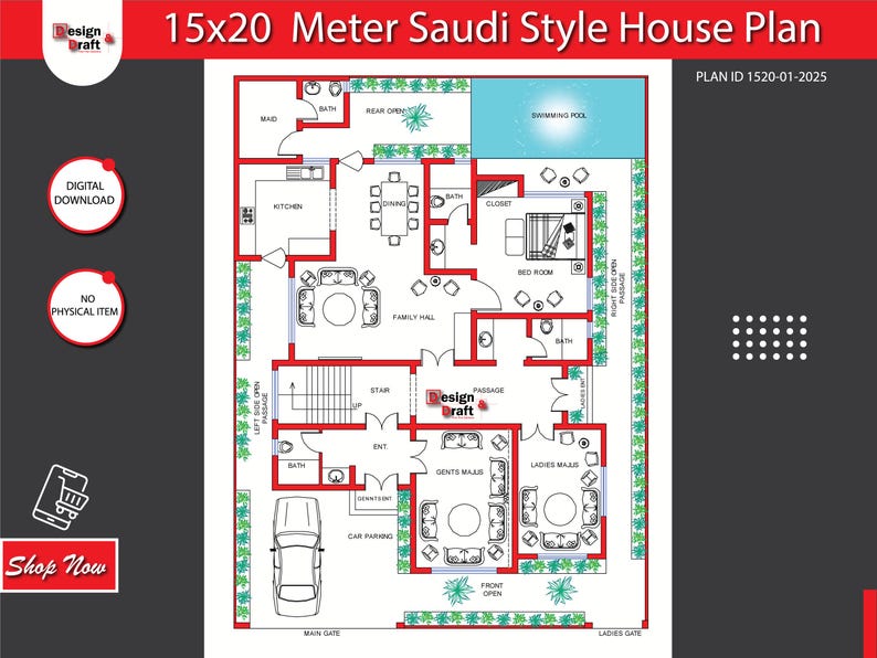 15x20m Arabic Style Single Story House Plan Separate Majlis 2D Floor ...