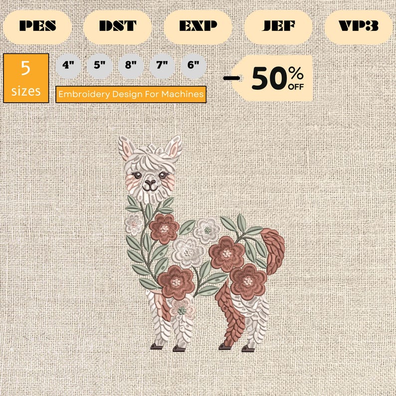 Floral Alpaca Machine Embroidery Design: Boho Animal Pattern (digital ...