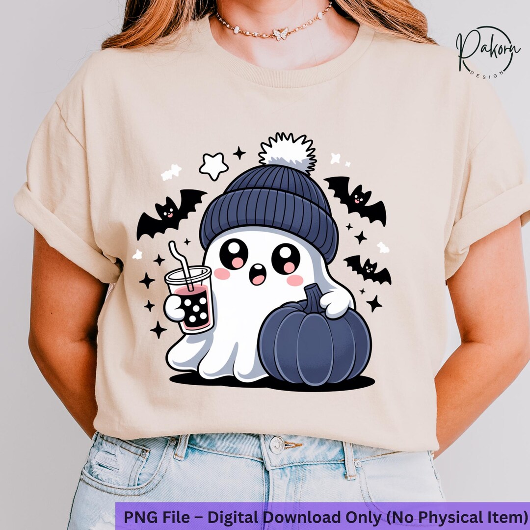 Cute Kawaii Halloween Ghost With Boba Tea and Pumpkin PNG, Cozy Autumn ...