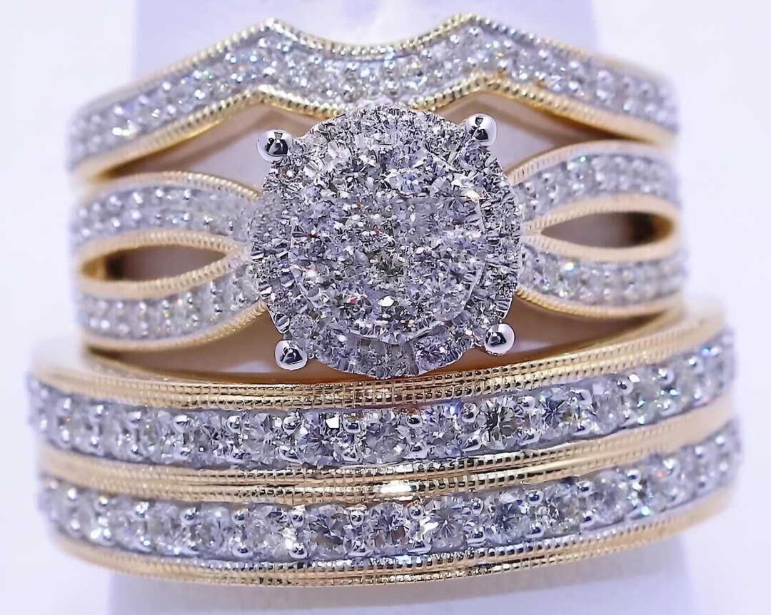 Diamond Trio Ring Set – 3 Piece Engagement, Wedding & Eternity Band Set ...