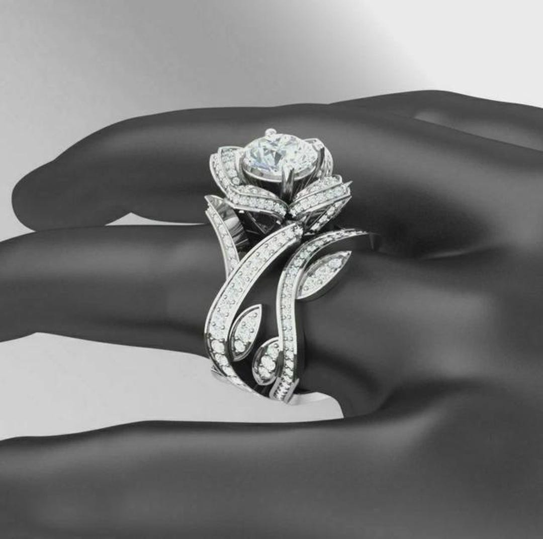 Women's Bridal Ring Set, Cluster Wedding Rose Ring Set, 925 Sterling ...