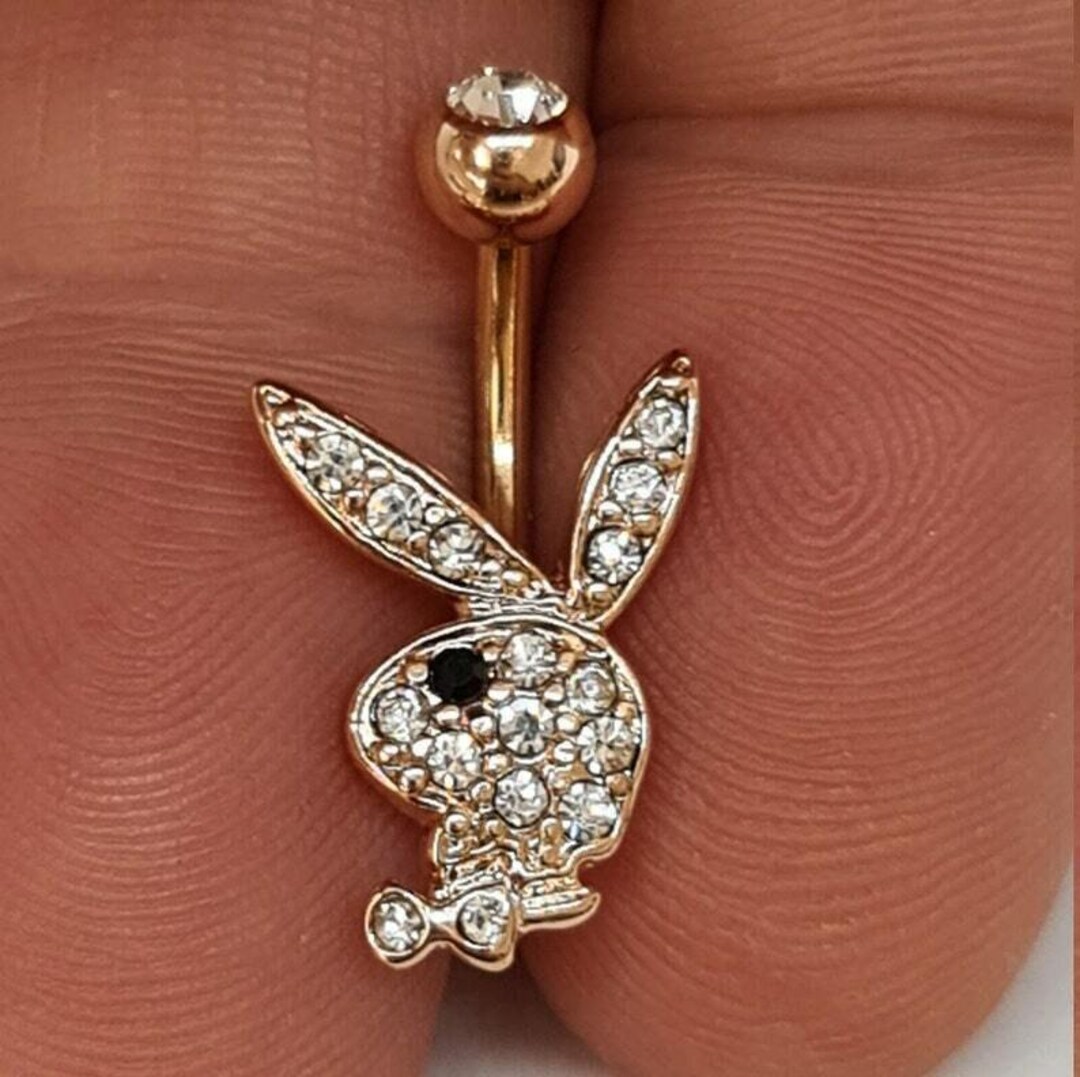 14K Rose Gold Finish Paved Black, White Diamond Rabbit Belly Button Bar ...