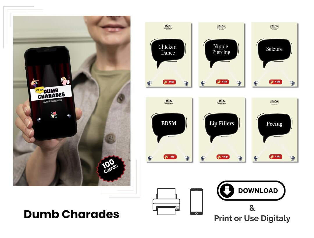Dirty Dumb Charades Game | 100 Hilarious Adult Cards | Printable Party ...