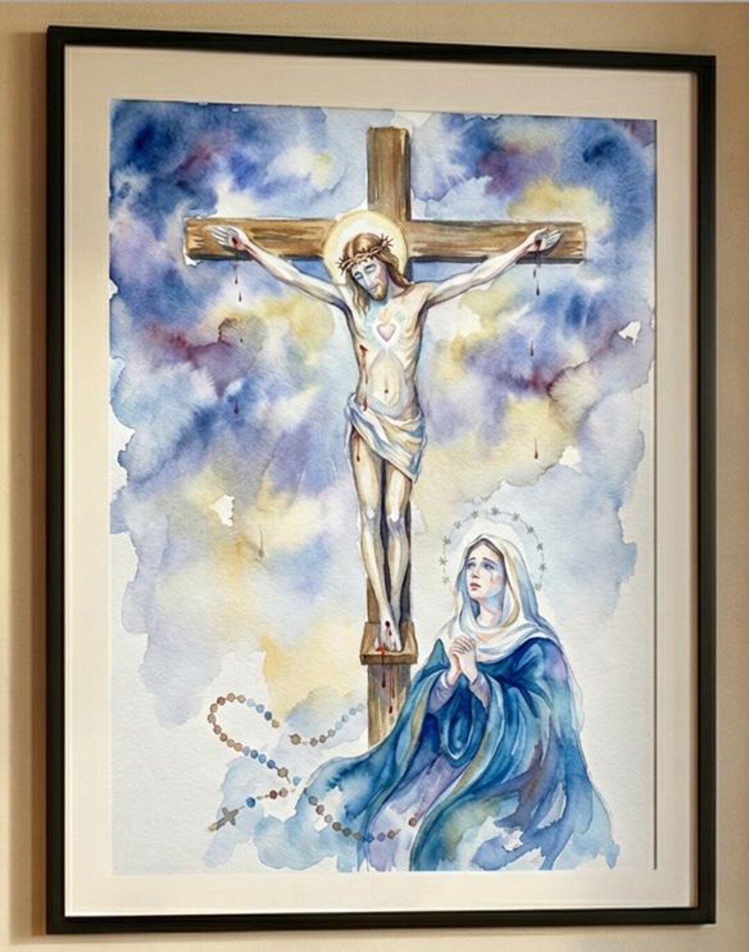 Jesus Christ on the Cross With Saint Mary, Beautiful Sacred Watercolor ...