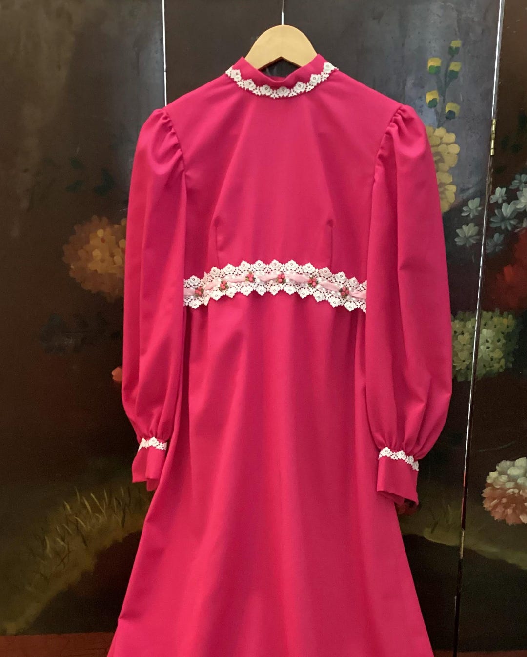 Hot Raspberry Pink Long 1971 Gown With Empire Waist and Rosettes - Etsy