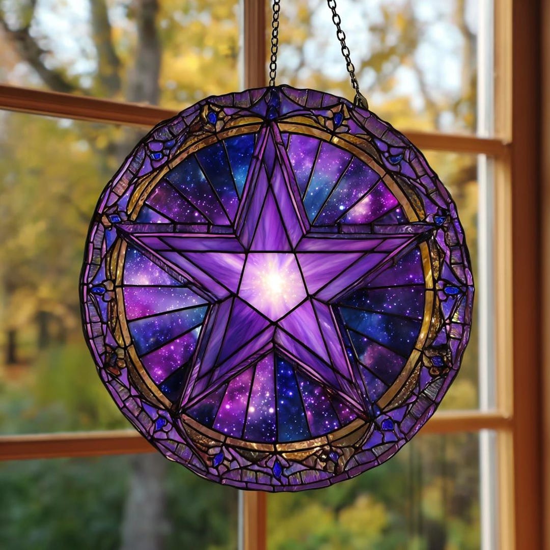Purple Pentagram Suncatcher Stained Glass Style Window Hanging ...