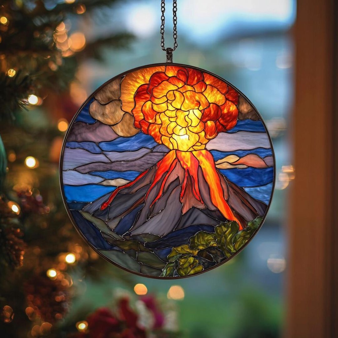 Erupting Volcano Stained Glass Suncatcher, Volcano Eruption With ...
