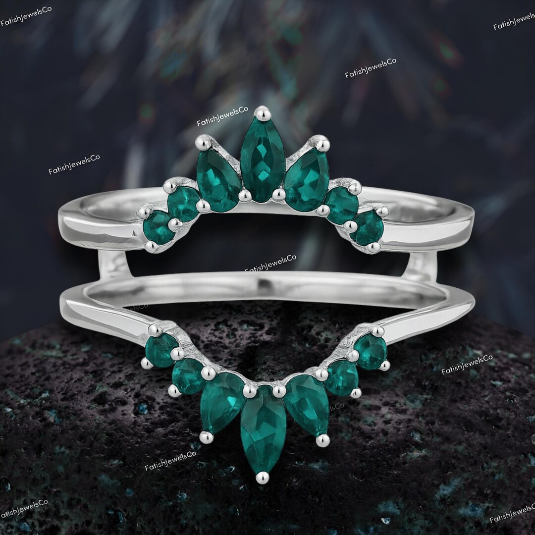 Lab Emerald Marquise Enhancer Ring: Rose Gold Floral Leaf Band - Etsy