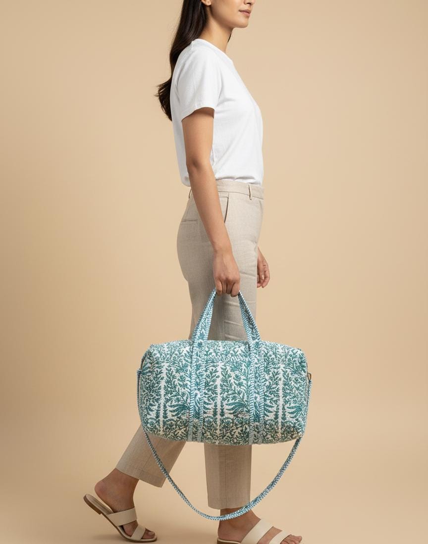 Block Print Cotton Quilted Duffel Bag: Floral Travel Weekender - Etsy