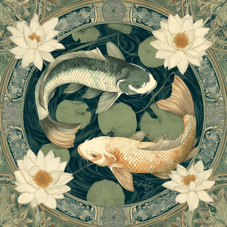 Koi Fish Lotus Pond Mural – Japanese Oriental Botanical Wallpaper (peel ...
