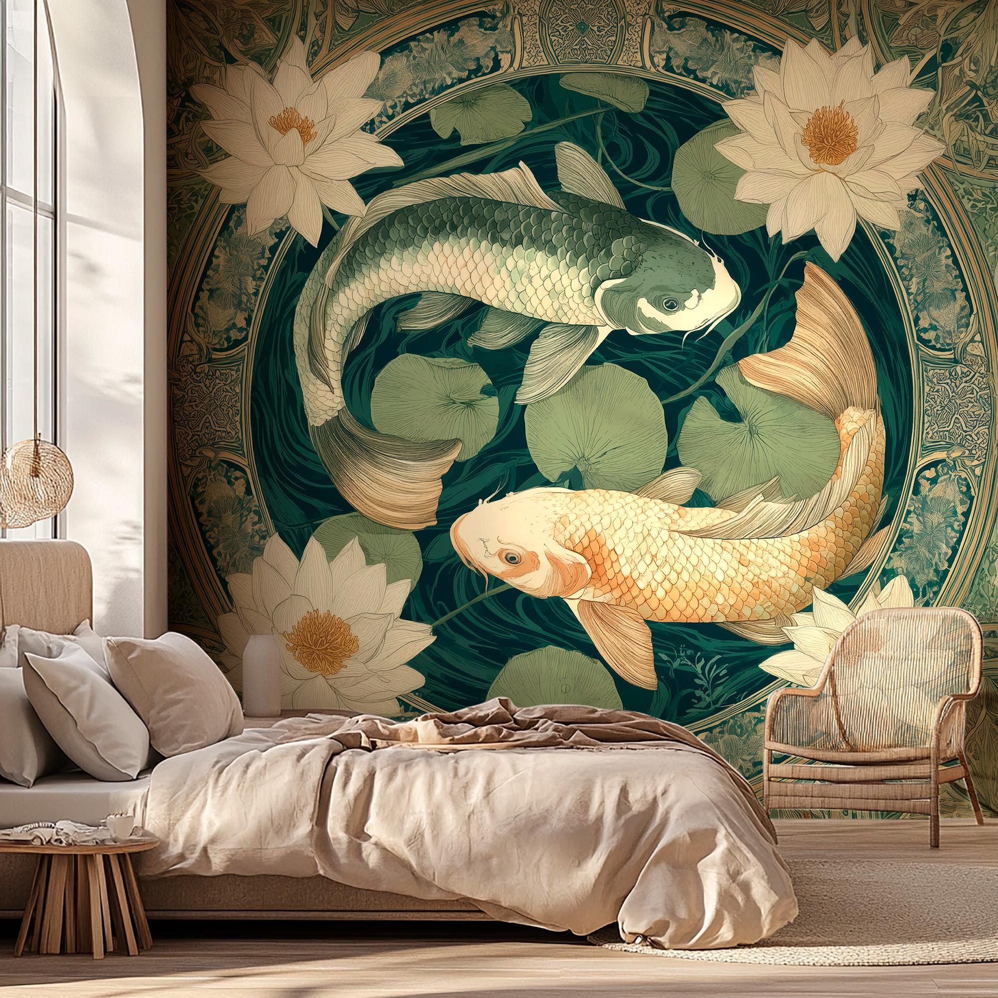 Koi Fish Wall Mural – Japanese Lotus Pond Wallpaper – Elegant Oriental ...
