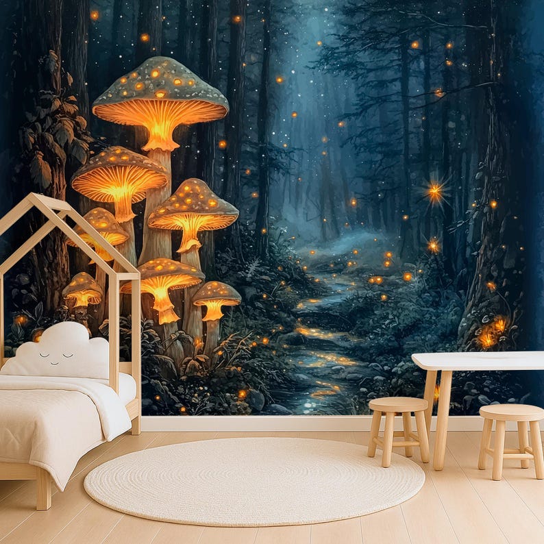 Glowing Mushroom Forest Wall Mural – Magical Fairy Tale Wallpaper ...