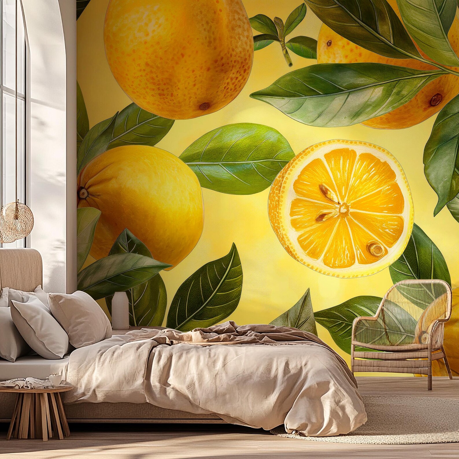 Lemon Yellow Wallpaper Botanical Leaf Pattern for Kitchen Accent Wall ...