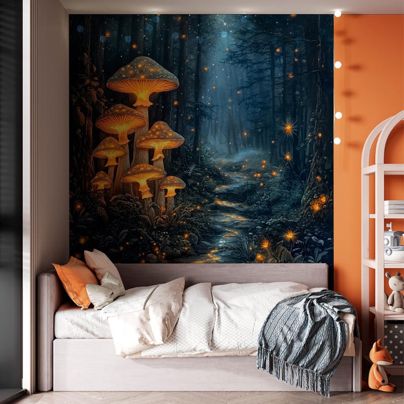 Glowing Mushroom Forest Wall Mural, Magical Fairy Tale Wallpaper for ...