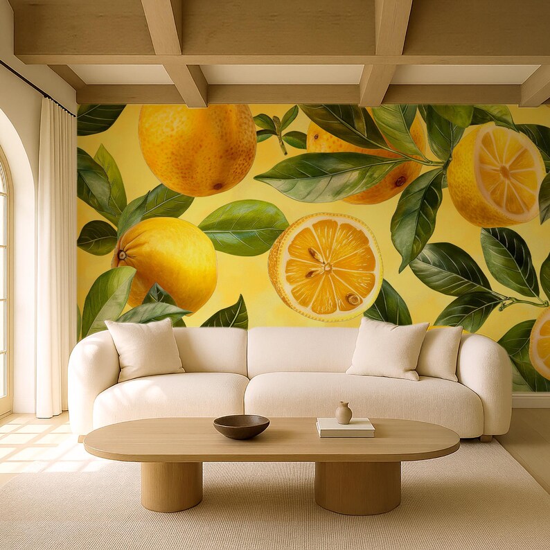 Lemon Wallpaper Mural – Fresh Citrus Fruit Wall Art With Green Leaves ...