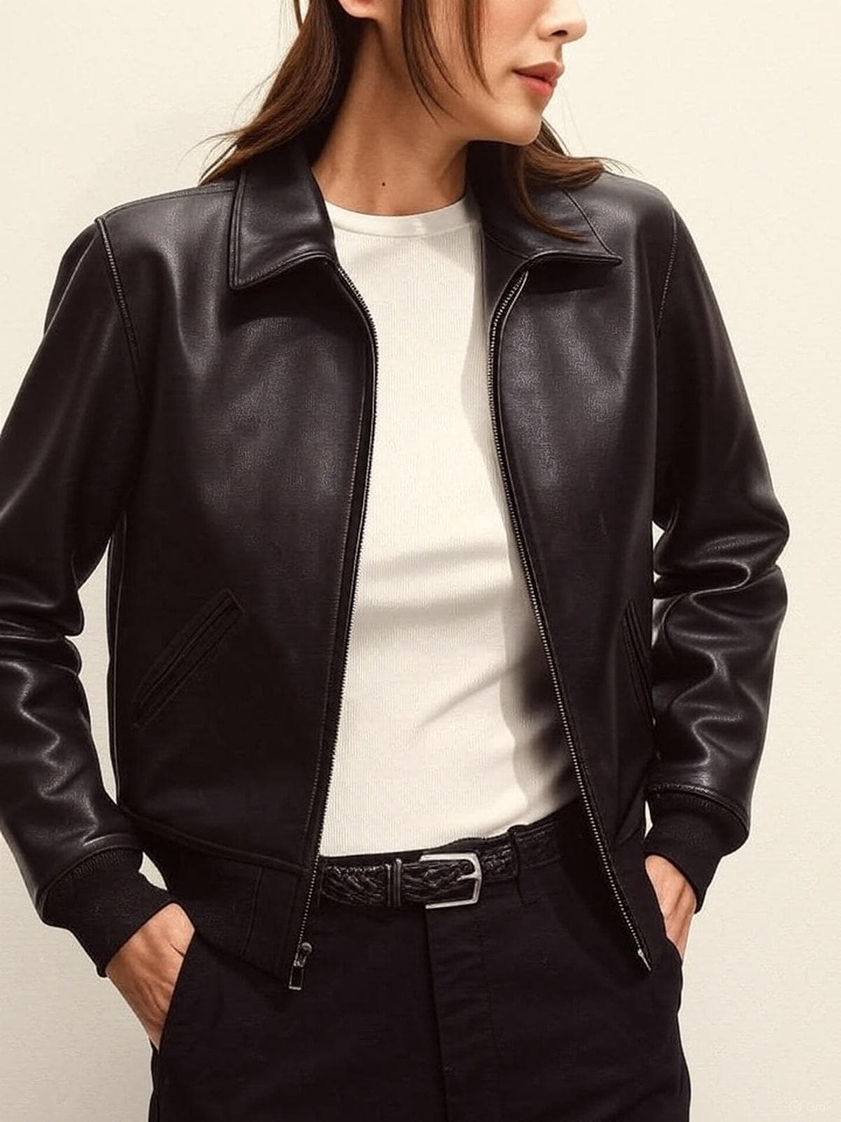 Women's Black Leather Bomber Jacket: Minimalist Zip-up Outerwear - Etsy