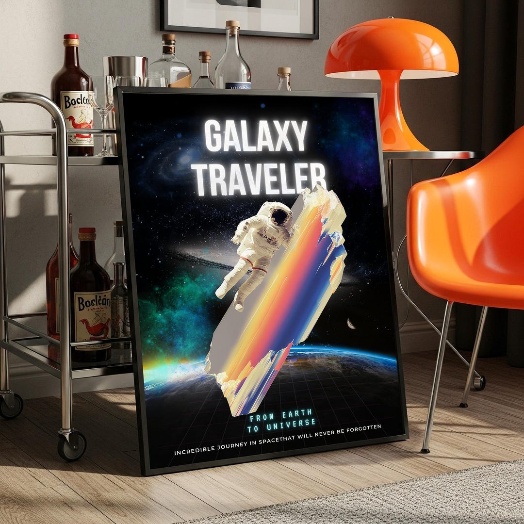 Galaxy Traveler Astronaut Poster, Cosmic Journey With Rainbow Crystal ...