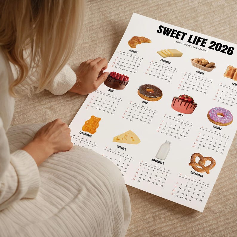 2026 Cute Yearly Calendar: Sweet Dessert Wall Calendar Poster (digital ...