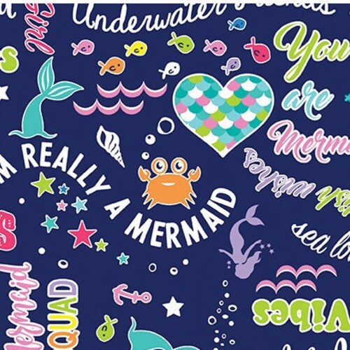 Mermaids Fabric Mermaids Words and Phrases on Navy Fabric - Etsy