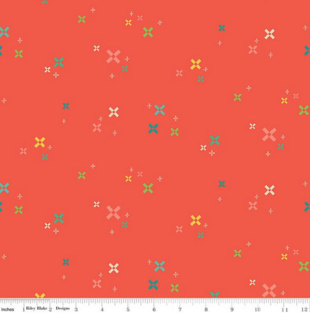 Red Blender Fabric, Green, Yellow and Blue Crosses Over Red Fabric, Red ...