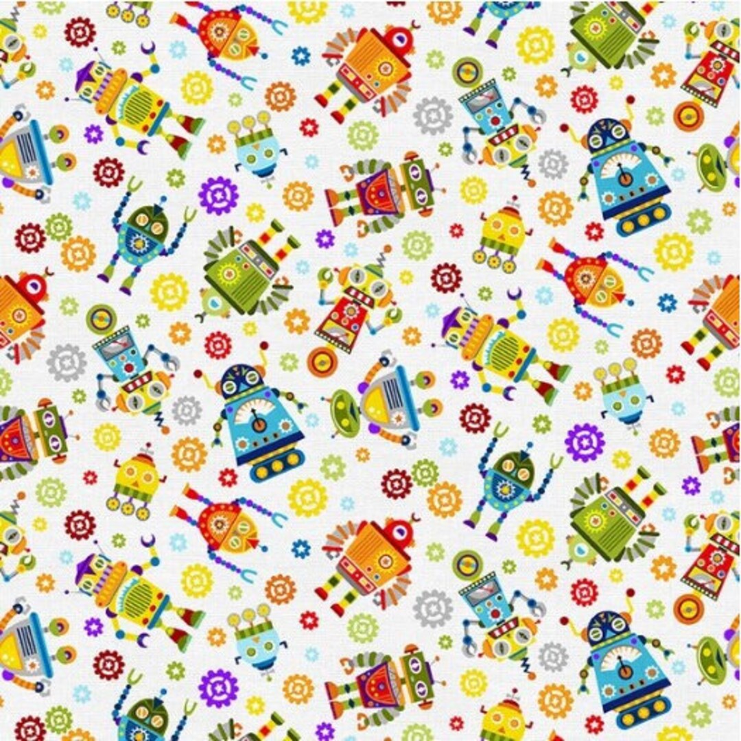 Robots Fabric Robots and Gears Over White Fabric Children - Etsy