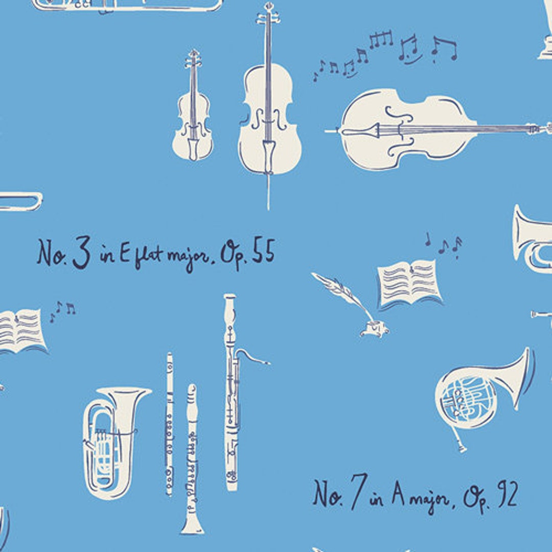 Musician Fabric, Musical Instruments Over Blue Fabric for Sonata ...