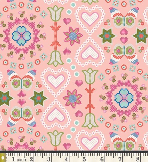 A Happy Life Flowers and Hearts Fabric, Pink, Orange, Green and Blue ...