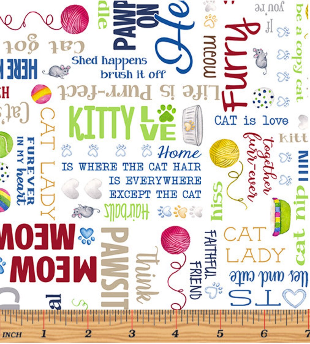 I Love My Cat Words Fabric, Cat Words and Phrases on White Fabric, Cat ...