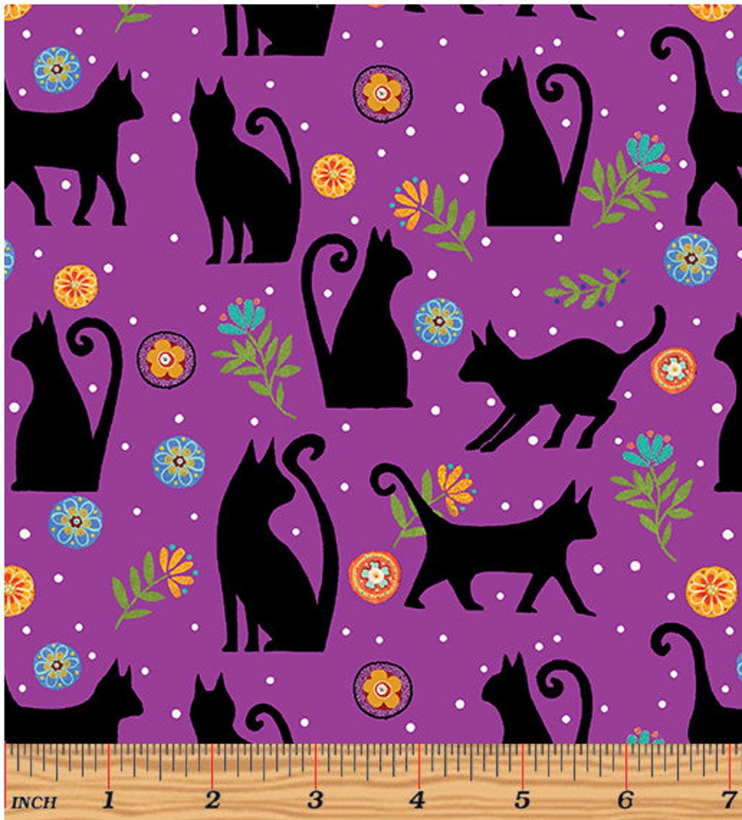 Cats Fabric, Black Cats and Flowers Over Purple Fabric, Cat Lovers ...