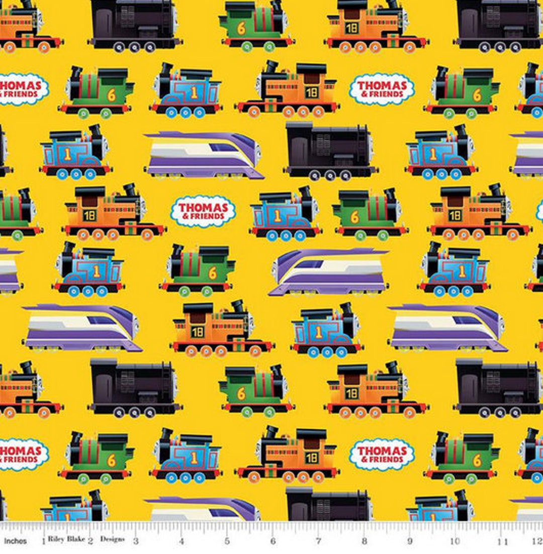 Trains fabric, Thomas and friends fabric, Trains over yellow fabric ...