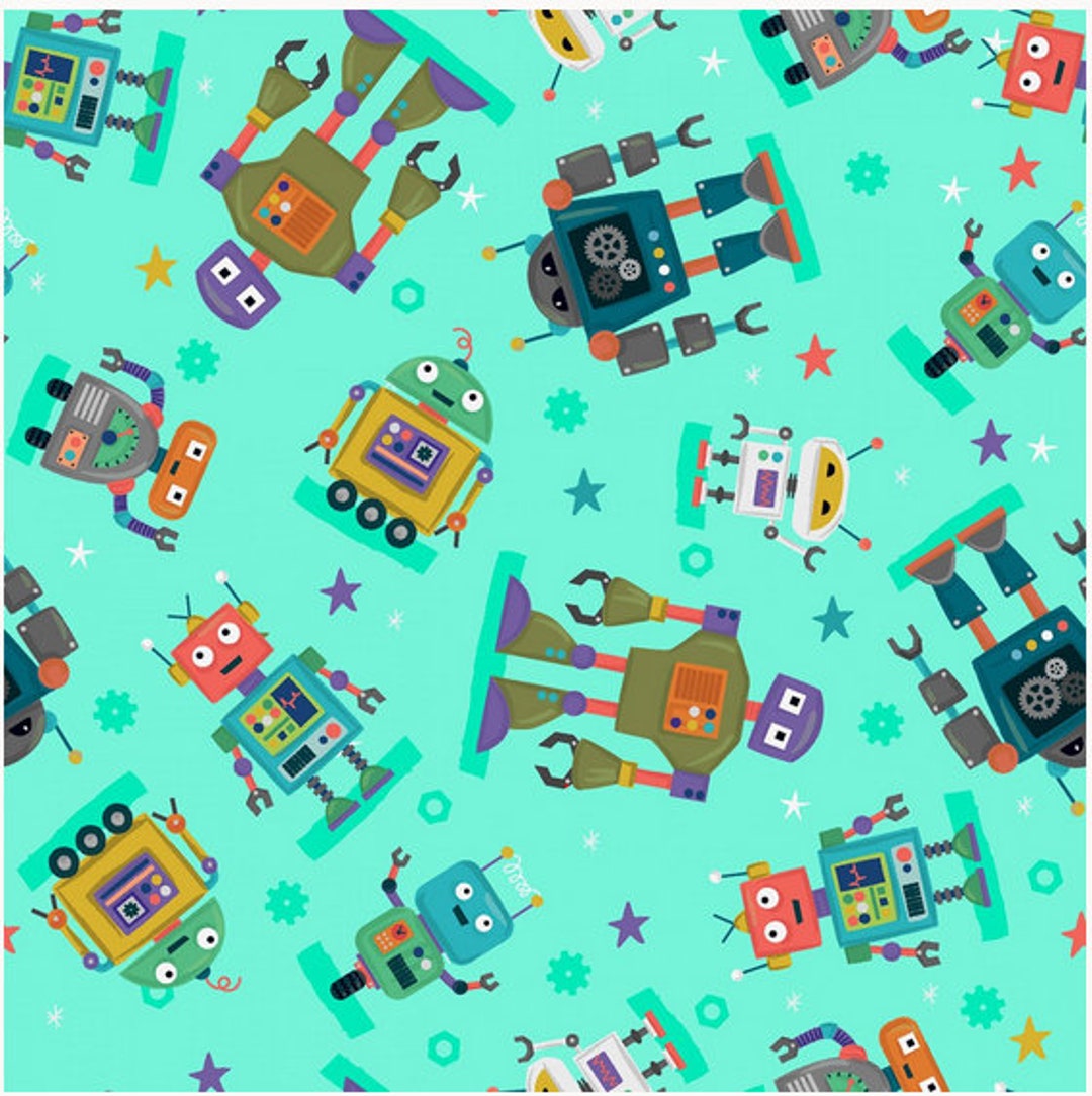 Robots Fabric, Robots and Gears Over Green Fabric, Children Fabric ...