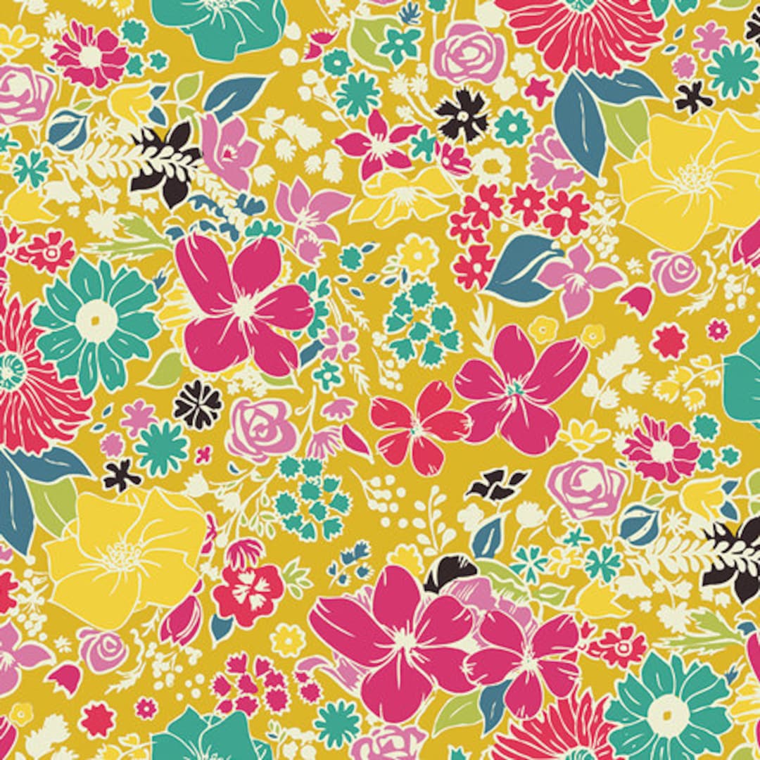 Fashion Scent Abloom, Colorful Flowers Over Yellow Fabric, Art Gallery ...