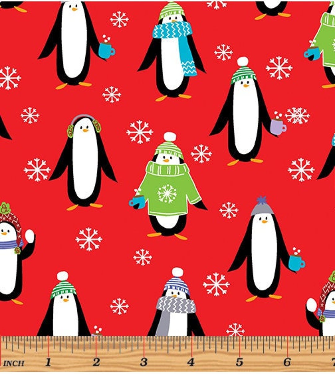 Penguins Fabric, Winter Fabric, Penguin Pals on Red Fabric, Winter in ...