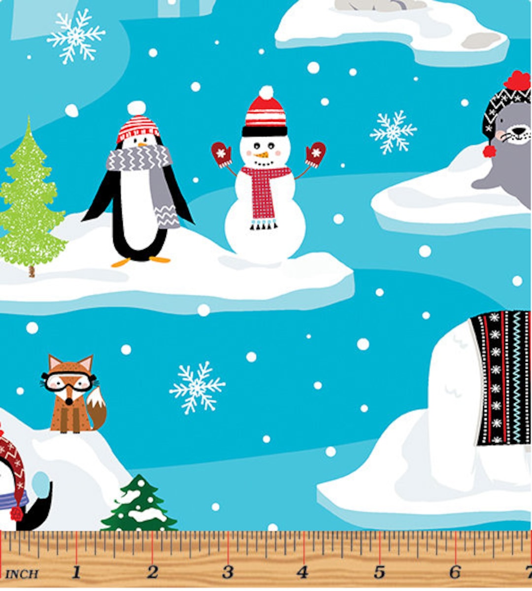 North Pole Fabric, Animals Having Fun in the Snow, Kids Fabric, Snow ...