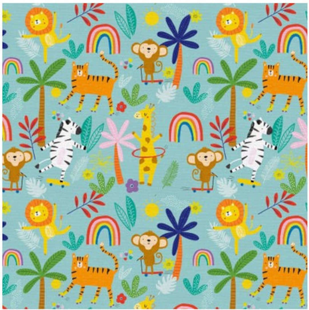 LAST ONE Jungle Animals Fabric, Animal Friends Having Fun in the Jungle ...